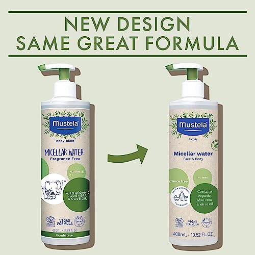 Mustela Certified Organic Micellar Cleansing Water -No-Rinse Natural Water Cleanser w/ Olive Oil & Aloe Vera - For Baby, Kid & Adult - Fragrance Free, EWG Verified & Vegan -13.5 oz-Packaging may vary