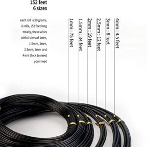 MoHern Bonsai Wire, 6 Sizes of 1mm, 1.5mm, 2mm, 2.5mm, 3mm, 4mm Black Aluminum Wire, Total 152 Feet Bonsai Tool Kit, 300 Grams Bonsai Tree Wire for Bonzai Trees Indoor