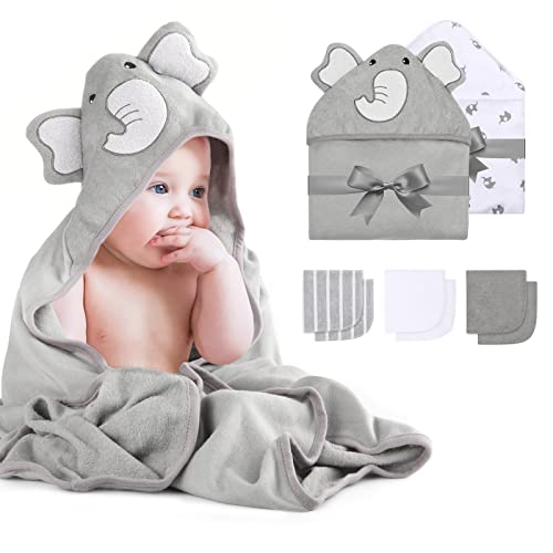 Momcozy Baby Hooded Towel, 8-Piece Baby Bath Towel for Boys or Girls, Baby Towel and Washcloth Set with Cute Design, Baby Shower Towel Gift for Newborns, Infants and Toddlers (Grey)