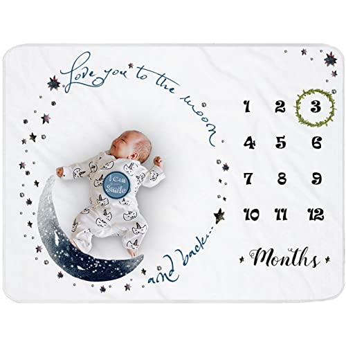 Yoothy Moon Baby Monthly Milestone Blanket Boy, Newborns Month Blanket Gift for Baby Shower, Soft Plush Photo Prop Blanket for Boy&Girl, Wreath &12 Stickers Included, Large 51''x40''