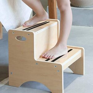 hajack step stool for kids, wood two step children's stool with bonus safety non-slip mats and handles, bathroom potty stool& kitchen step stool for home use (natural)