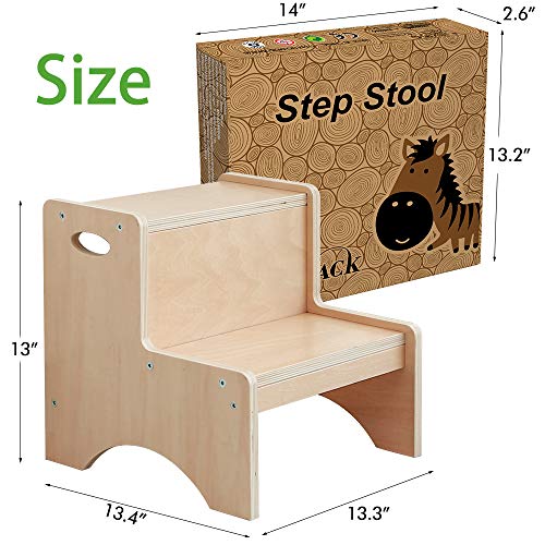 HAJACK Step Stool for Kids, Wood Two Step Children's Stool with Bonus Safety Non-Slip Mats and Handles, Bathroom Potty Stool& Kitchen Step Stool for Home Use (Natural)