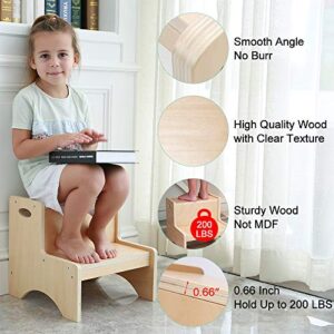 HAJACK Step Stool for Kids, Wood Two Step Children's Stool with Bonus Safety Non-Slip Mats and Handles, Bathroom Potty Stool& Kitchen Step Stool for Home Use (Natural)