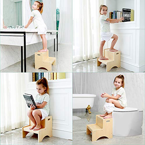 HAJACK Step Stool for Kids, Wood Two Step Children's Stool with Bonus Safety Non-Slip Mats and Handles, Bathroom Potty Stool& Kitchen Step Stool for Home Use (Natural)