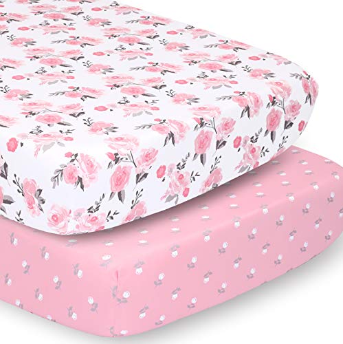 The Peanutshell Crib Sheet Set for Baby Girls, Pink Roses & Ditsy Floral, 2 Pack Set