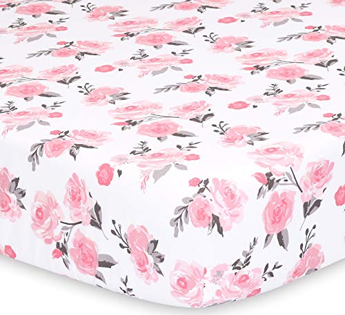 The Peanutshell Crib Sheet Set for Baby Girls, Pink Roses & Ditsy Floral, 2 Pack Set