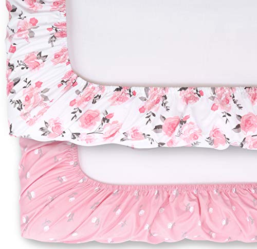 The Peanutshell Crib Sheet Set for Baby Girls, Pink Roses & Ditsy Floral, 2 Pack Set