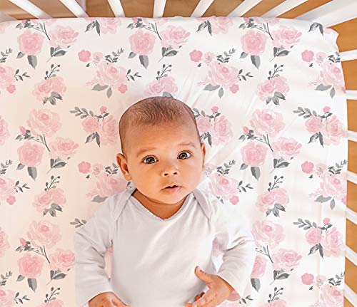 The Peanutshell Crib Sheet Set for Baby Girls, Pink Roses & Ditsy Floral, 2 Pack Set