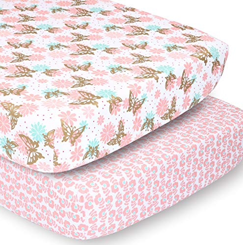 The Peanutshell Crib Sheet Set for Baby Girls | Pink and Gold Butterfly & Pink Ditsy Floral | 2 Pack Set