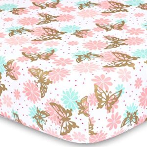 The Peanutshell Crib Sheet Set for Baby Girls | Pink and Gold Butterfly & Pink Ditsy Floral | 2 Pack Set