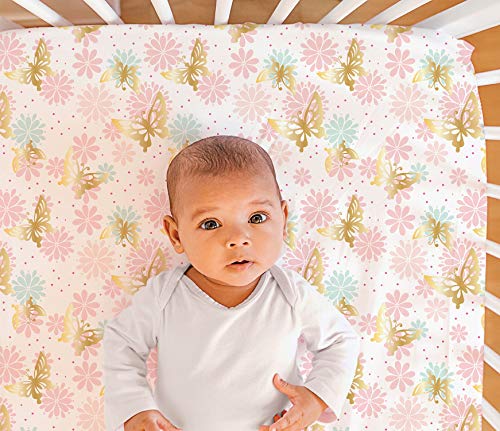 The Peanutshell Crib Sheet Set for Baby Girls | Pink and Gold Butterfly & Pink Ditsy Floral | 2 Pack Set