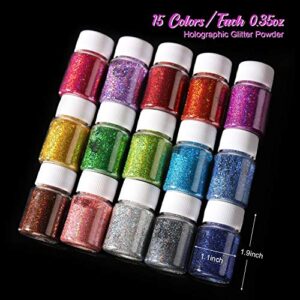 LET'S RESIN Holographic Glitter for Resin, 15 * 10g Premium Fine Glitter Powder, Craft Glitter for Slime, Nail Art, Glitter Tumbler Candle Making