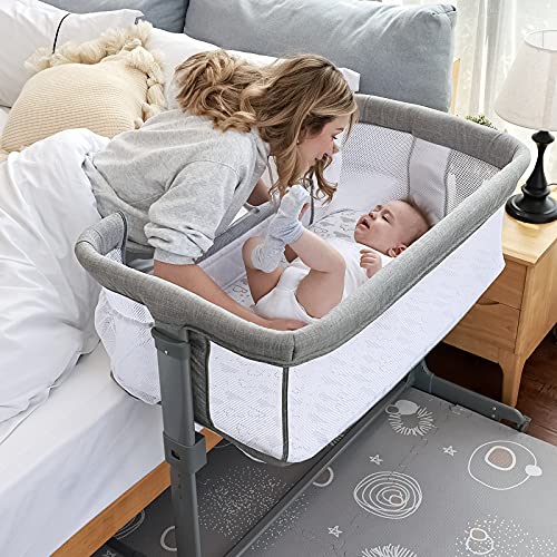 TCBunny 2-in-1 Baby Bassinet & Bedside Sleeper, Adjustable Portable Crib Bed for Infant/Newborn Baby, Grey (Mosquito Net Not Included)