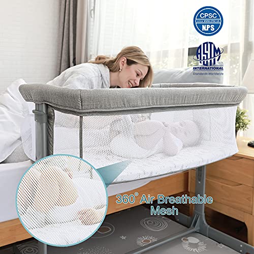 TCBunny 2-in-1 Baby Bassinet & Bedside Sleeper, Adjustable Portable Crib Bed for Infant/Newborn Baby, Grey (Mosquito Net Not Included)