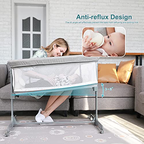 TCBunny 2-in-1 Baby Bassinet & Bedside Sleeper, Adjustable Portable Crib Bed for Infant/Newborn Baby, Grey (Mosquito Net Not Included)