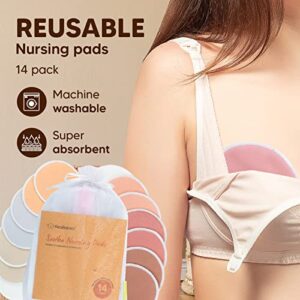 Reusable Nursing Pads for Breastfeeding, 14-Pack - 4-Layers Organic Bamboo Nursing Pads - Breastfeeding Pads - Washable Breast Pads - Natural Bamboo Maternity Pads (Lovelle, Large 4.8")