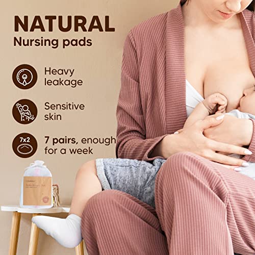 Reusable Nursing Pads for Breastfeeding, 14-Pack - 4-Layers Organic Bamboo Nursing Pads - Breastfeeding Pads - Washable Breast Pads - Natural Bamboo Maternity Pads (Lovelle, Large 4.8")