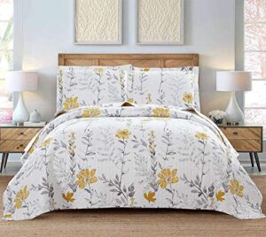 quilt set queen floral bedspread coverlet queen floral quilts bedding spring summer lightweight quilts bedspread reversible bedding grey leaf yellow floral quilt collection bedspread with pillow shams