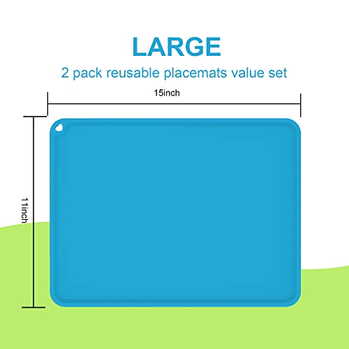 Silicone Kids Placemats, Non-Slip Silicon Placemats for Kids Baby Toddlers Childrens, Kids Portable Placemat for Dining Table, 2Pack, Blue/Green