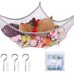 lxunyi stuffed animal hammock, toy hammock, extra large mesh toy net giant baby kids children stuff animals hammocks wall corner hanging storage net organizer (light gray, 70 inch)