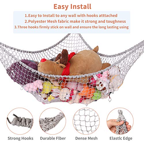 LXUNYI Stuffed Animal Hammock, Toy Hammock, Extra Large Mesh Toy Net Giant Baby Kids Children Stuff animals Hammocks Wall Corner Hanging Storage Net Organizer (Light gray, 70 inch)