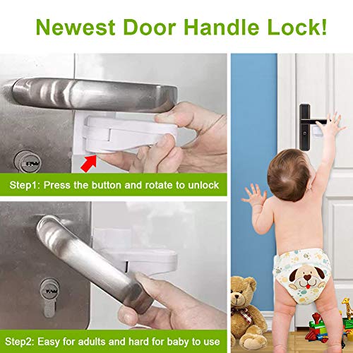 Door Lever Child Lock, Baby Proofing Door Locks Deter Kids Pets from Opening Handle Doors & Getting Locked in Rooms, Tool-Free Install Easiest Use (White -4 Count)