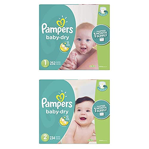 Pampers Bundle - Baby Dry Disposable Baby Diapers Sizes 1, 252 Count & 2, 234 Count (Total 2 Month Supply) with Pampers Sensitive Water-Based Baby Wipes, 12 Packs of 72, 864 Count