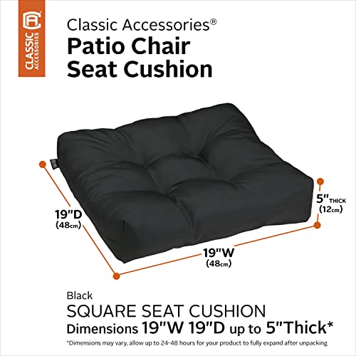 Classic Accessories Water-Resistant Square Patio Seat Cushions, 19 x 19 x 5 Inch, 2 Pack, Black, Outdoor Seat Cushions