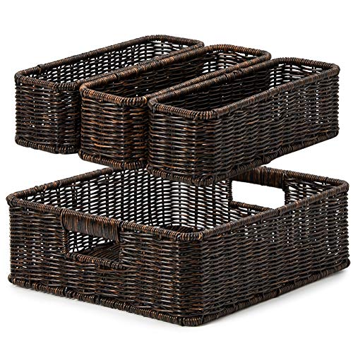 EZOWare Set of 4 Decorative Woven Storage Tray Bins, Resin Wicker Tray Drawer Organizer Basket Containers for Baby Nursery Room - 2 Sizes, Dark Brown