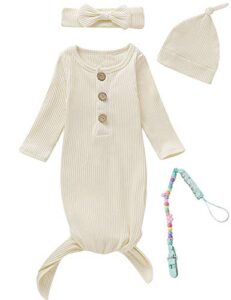 morygooder newborn cotton nightgowns neutral knotted sleeper baby coming home outfit (white,0-6 months)