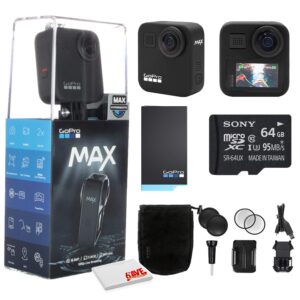 gopro max 360 waterproof action camera - camera w/touch screen - spherical 5.6k30 hd video - 16.6mp 360 photos - 1080p live streaming stabilization - with cleaning set + 64gb memory card and more.