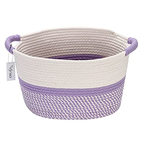 Hinwo Oval Cotton Rope Storage Basket Collapsible Nursery Storage Box Container Organizer with Handles, 13 x 10 inches, Off White and Lavander