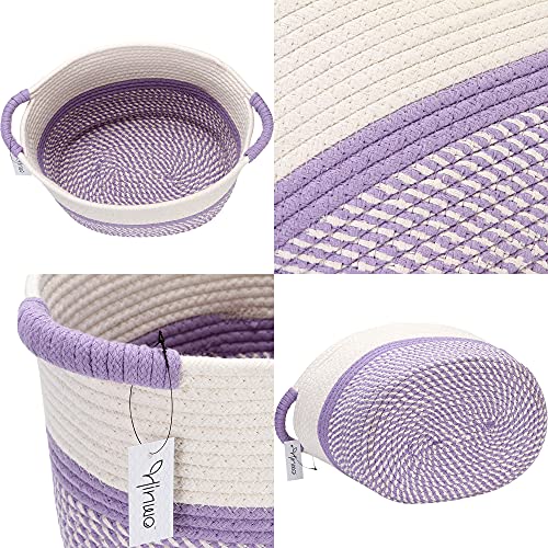 Hinwo Oval Cotton Rope Storage Basket Collapsible Nursery Storage Box Container Organizer with Handles, 13 x 10 inches, Off White and Lavander