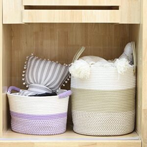 Hinwo Oval Cotton Rope Storage Basket Collapsible Nursery Storage Box Container Organizer with Handles, 13 x 10 inches, Off White and Lavander