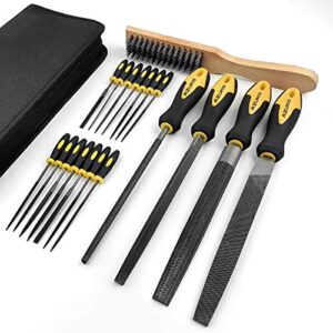 azuno 19pcs metal file set in premium grade t12 drop forged steel with carry case, 4pcs flat/triangle/half-round/round large files and 14pcs needle files and 1 steel brush