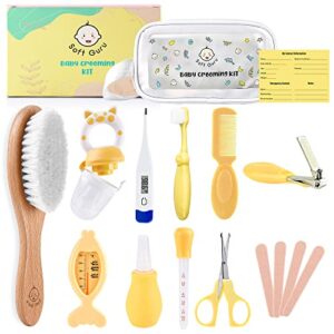 soft guru baby healthcare and grooming kit | nursery essentials for newborns gift set | includes thermometer, nail clippers, soft brush & baby shower basket registry items.