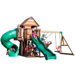 backyard discovery, cedar cove wood swing set, playground fort, chalkboard, telescope, dual slide, kitchenette, wide swing lanes, 5ft rock wall, step ladder