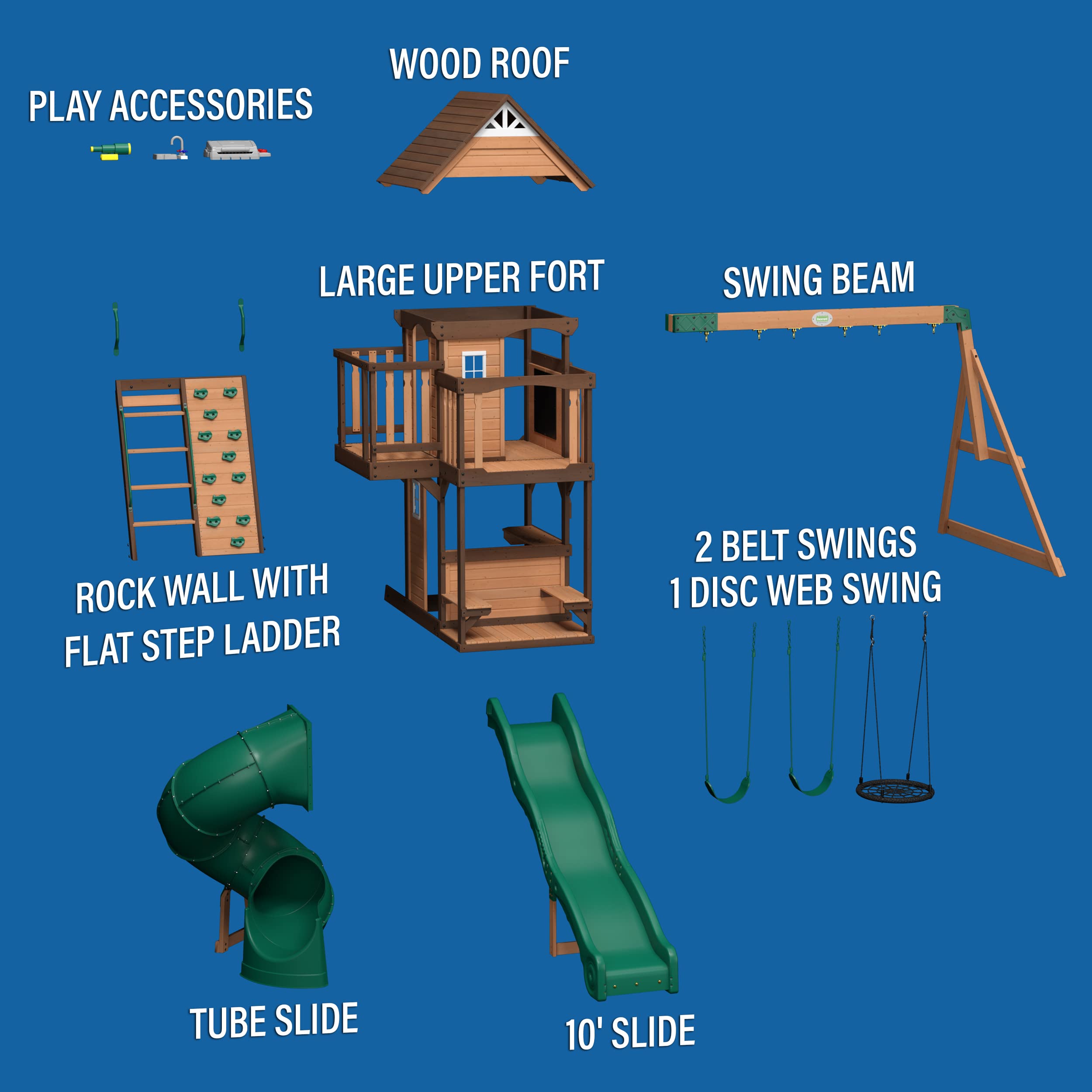 Backyard Discovery, Cedar Cove Wood Swing Set, Playground Fort, Chalkboard, Telescope, Dual Slide, Kitchenette, Wide Swing Lanes, 5ft Rock Wall, Step Ladder