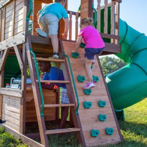 Backyard Discovery, Cedar Cove Wood Swing Set, Playground Fort, Chalkboard, Telescope, Dual Slide, Kitchenette, Wide Swing Lanes, 5ft Rock Wall, Step Ladder