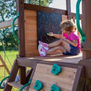 Backyard Discovery, Cedar Cove Wood Swing Set, Playground Fort, Chalkboard, Telescope, Dual Slide, Kitchenette, Wide Swing Lanes, 5ft Rock Wall, Step Ladder