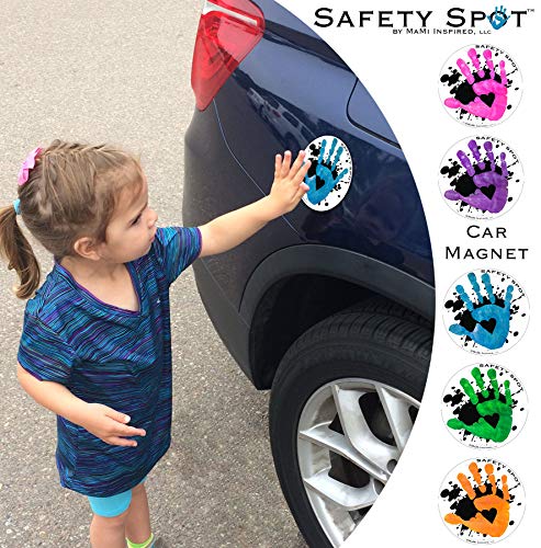 Safety Spot Magnet - Kids Handprint for Car Parking Lot Safety - White with Black Splat Background (Blue)