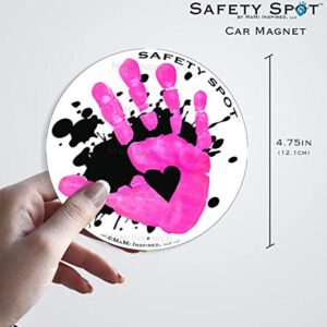 Safety Spot Magnet - Kids Handprint for Car Parking Lot Safety - White with Black Splat Background (Blue)