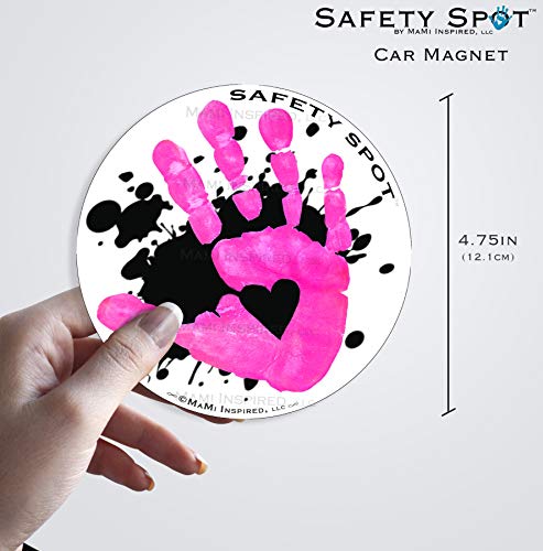 Safety Spot Magnet - Kids Handprint for Car Parking Lot Safety - White with Black Splat Background (Blue)