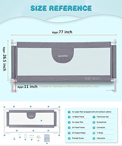 MBQMBSS 77" Bed Rail for Toddlers, Toddler Bed Rails for Queen Bed, Sturdy Baby Bed Rail Guard for King Size Bed, Extra Tall Bed Railing for Kids, Protective Bed Rail for Baby