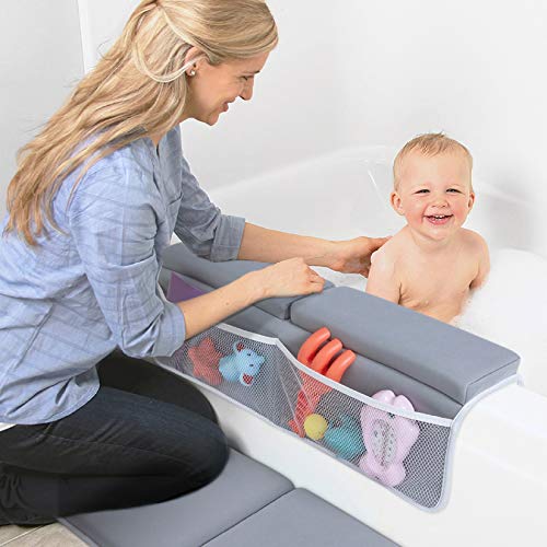 beiens Bath Kneeler and Elbow Rest Pad, 1.5'' Thick Quickly Dry Kneeling Pad and Elbow Support for Knee & Arm Support Large Bathtub Kneeling Mat with Toy Organizer for Happy Baby Bathing Time (Grey)