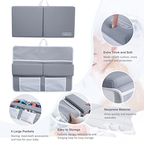 beiens Bath Kneeler and Elbow Rest Pad, 1.5'' Thick Quickly Dry Kneeling Pad and Elbow Support for Knee & Arm Support Large Bathtub Kneeling Mat with Toy Organizer for Happy Baby Bathing Time (Grey)