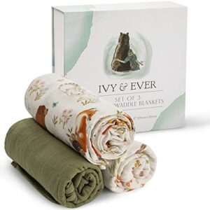 ivy & ever organic cotton muslin swaddle blankets unisex - woodland baby swaddle wrap nursery receiving blankets neutral - baby swaddle blanket 47 x 47 inches woodland receiving blankets 3 pack