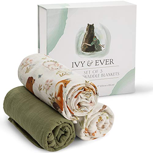 IVY & EVER Organic Cotton Muslin Swaddle Blankets Unisex - Woodland Baby Swaddle Wrap Nursery Receiving Blankets Neutral - Baby Swaddle Blanket 47 x 47 inches Woodland Receiving Blankets 3 Pack