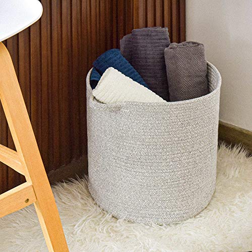 Labcosi Cotton Rope Laundry Basket with Handle-15”x15”x14”, Nursery Hamper and Storage Bin for Blanket, Pillows and Stuffed Animals