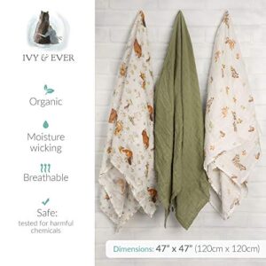 IVY & EVER Organic Cotton Muslin Swaddle Blankets Unisex - Woodland Baby Swaddle Wrap Nursery Receiving Blankets Neutral - Baby Swaddle Blanket 47 x 47 inches Woodland Receiving Blankets 3 Pack